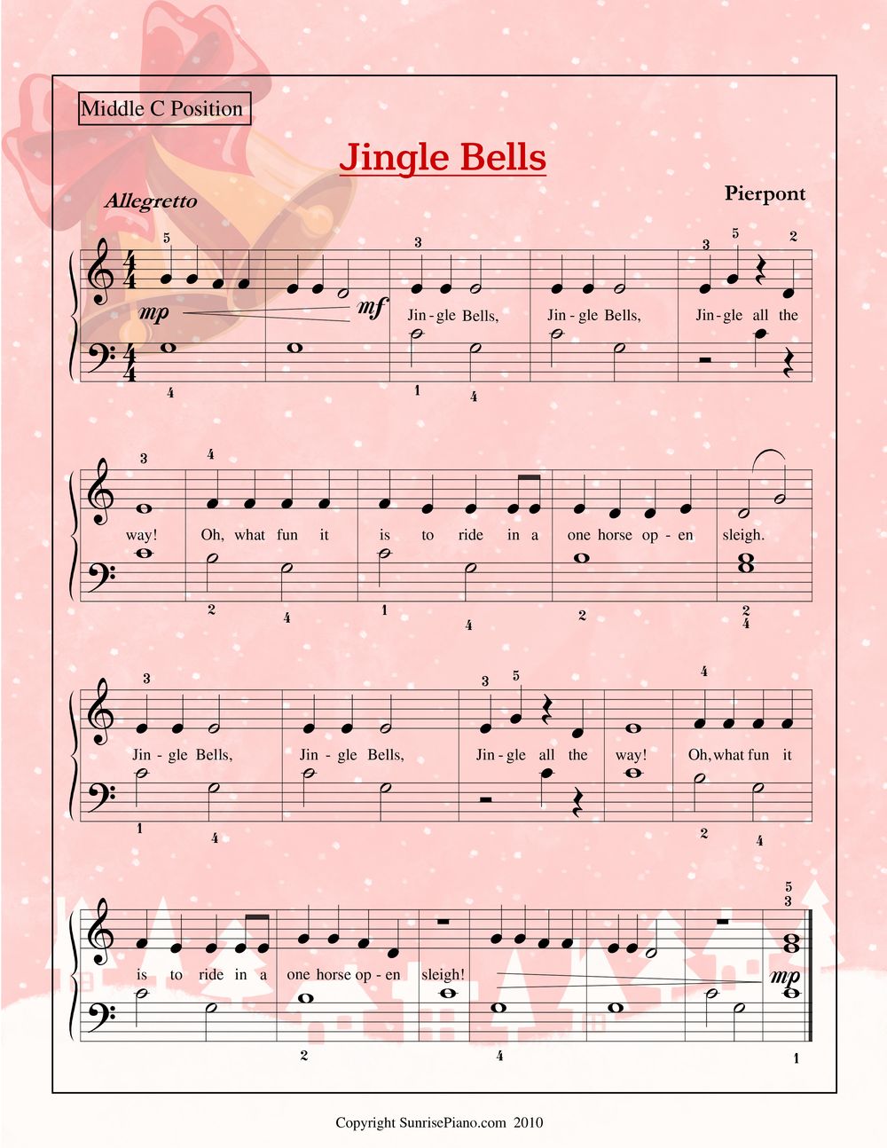 Jingle Bells in Middle C - Elementary Piano Sheet Music
