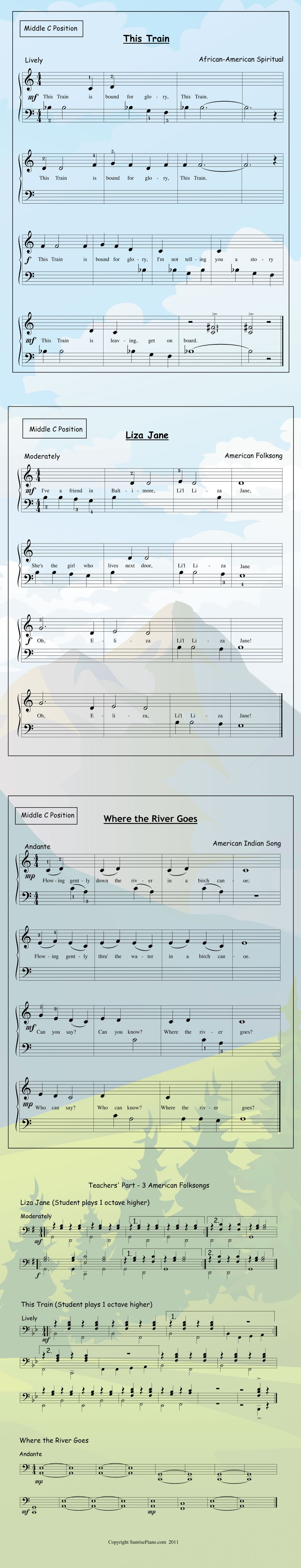 Three American Folk Songs in Middle C - Elementary Piano Sheet Music
