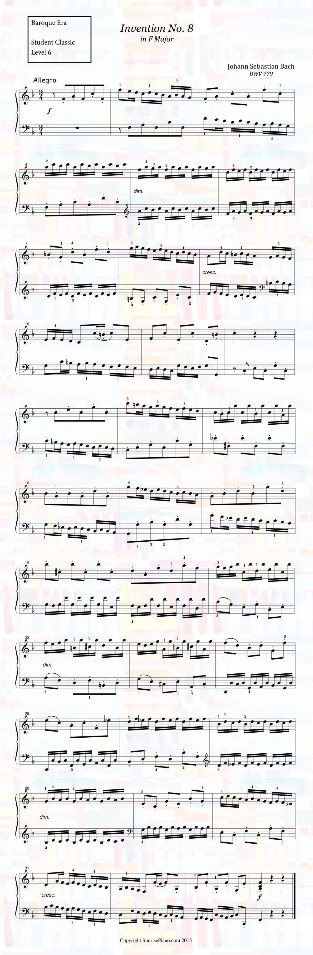 Bach - Invention No. 8 in F Major - Piano Sheet Music