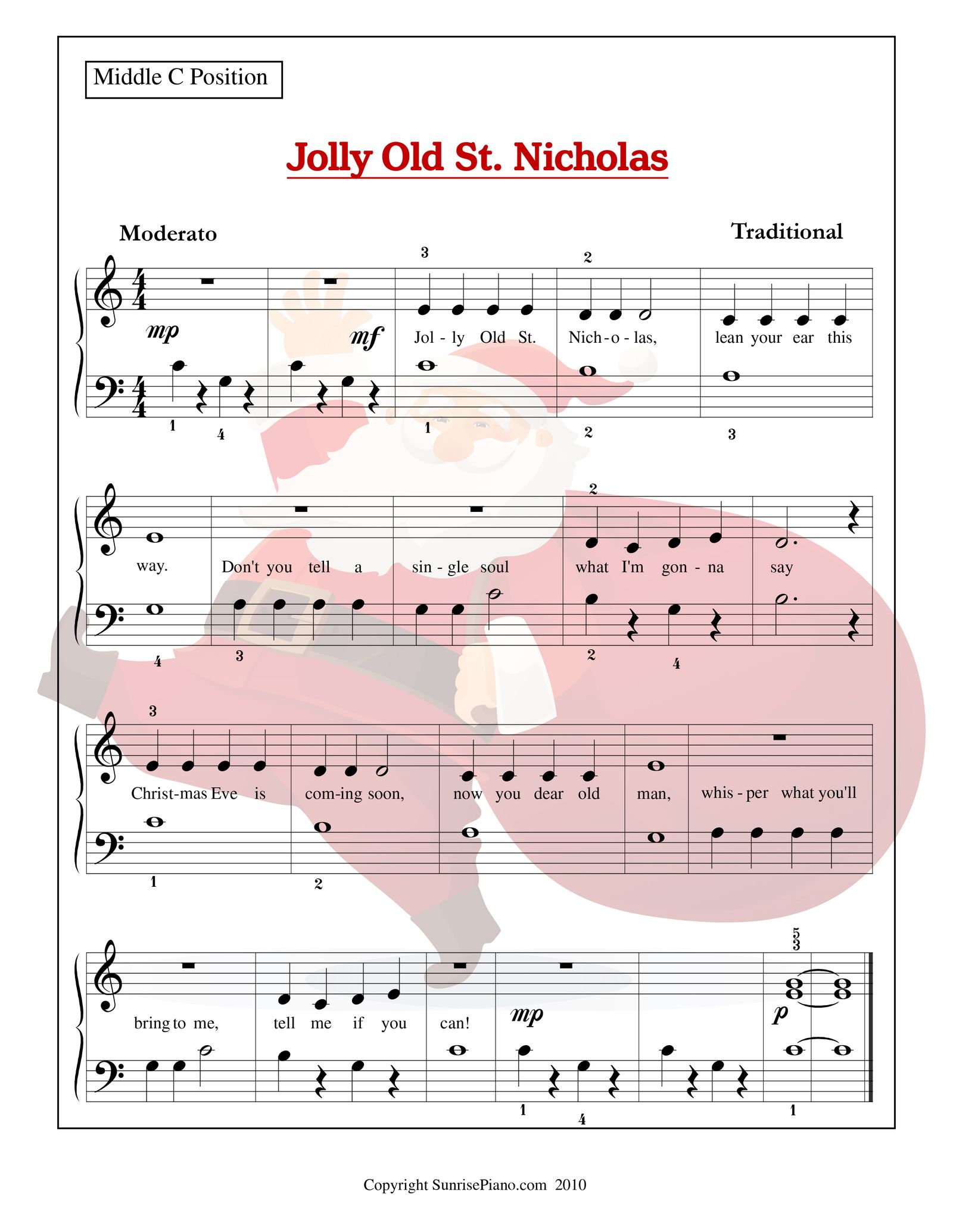 Jolly Old St. Nicholas (Middle C) - Elementary Piano Sheet Music