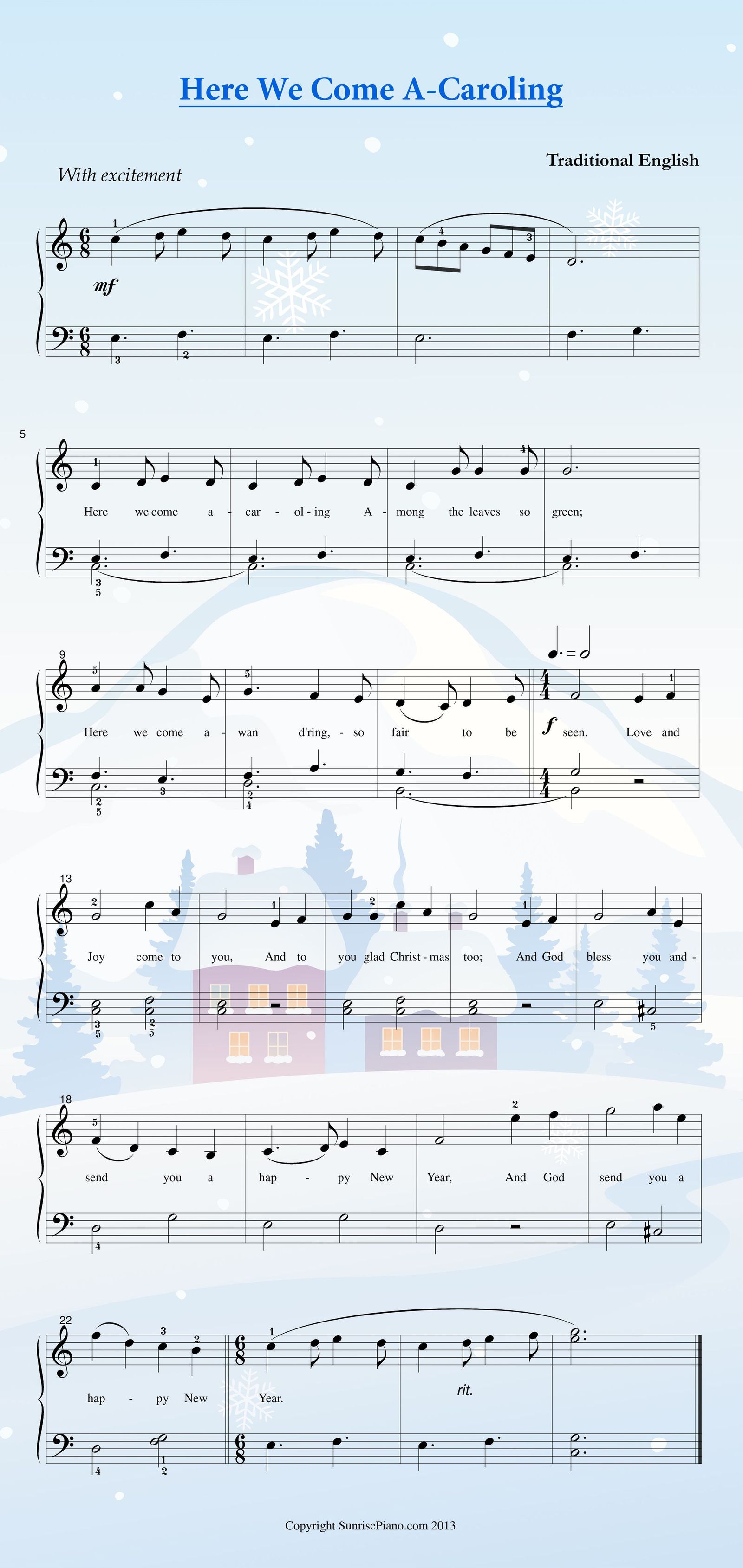 Here We Come A Caroling - Early Intermediate Piano Sheet Music