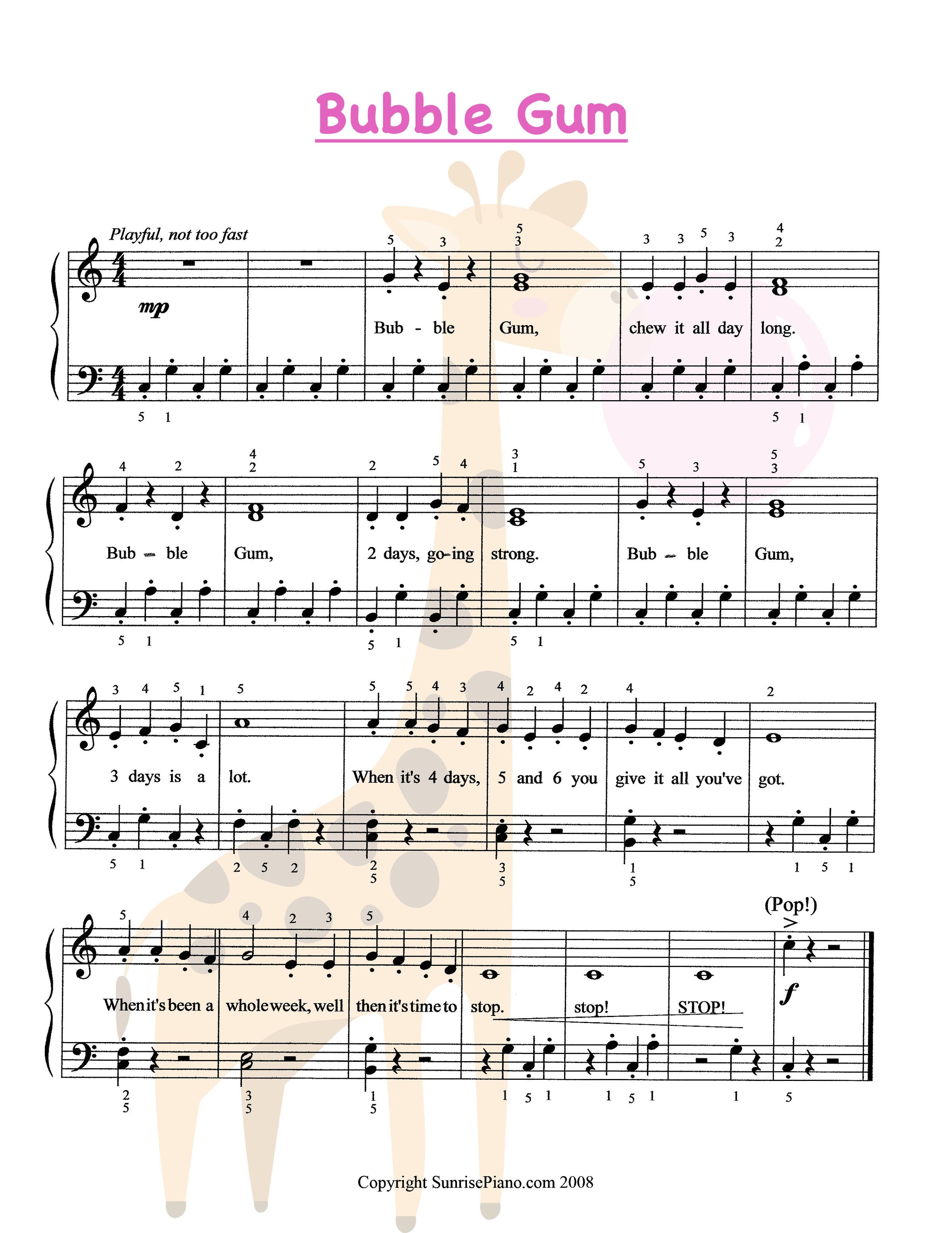 Bubble Gum - Elementary Piano Sheet Music