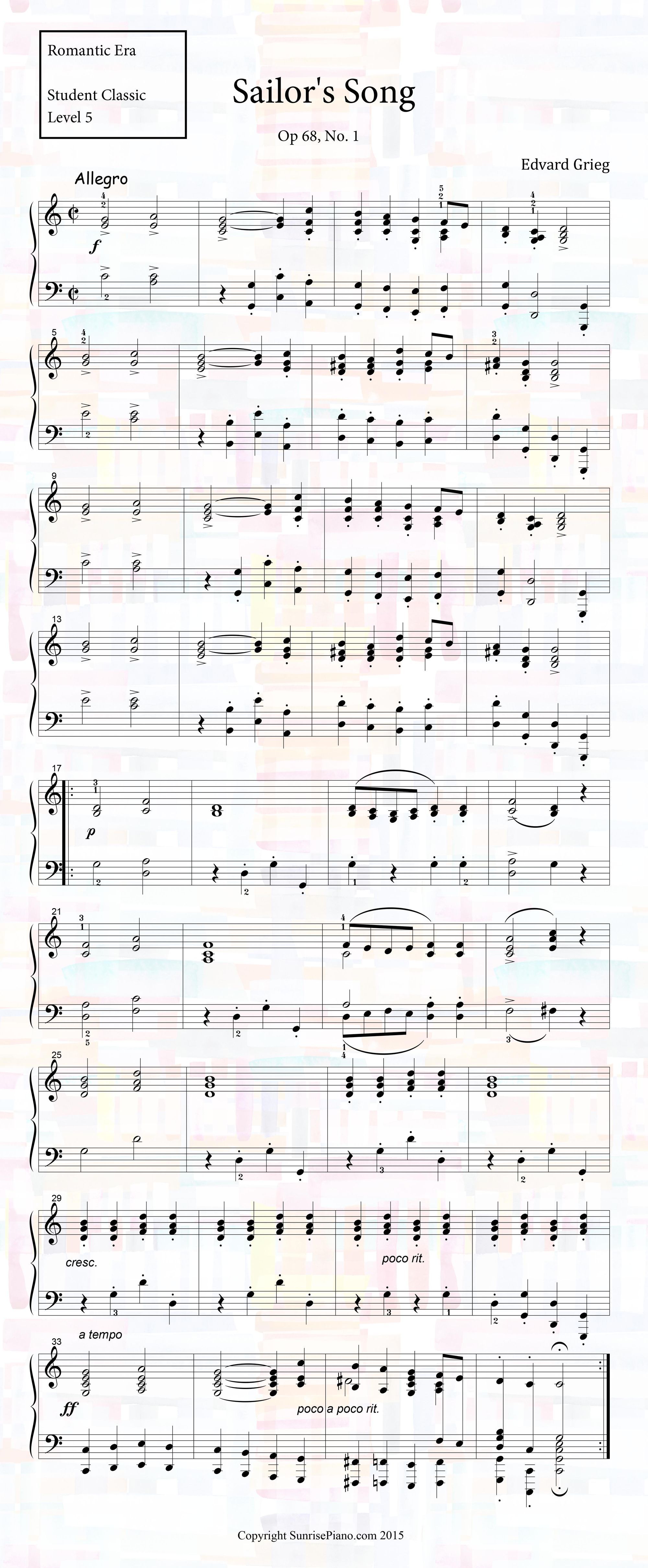 Edvard Grieg - Sailor's Song - Piano Sheet Music Edvard Grieg - Sailor's Song - Piano Sheet Music