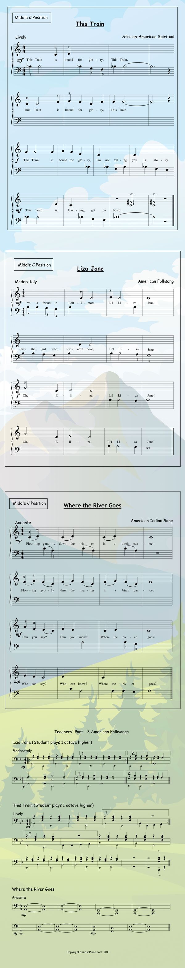 Three American Folk Songs in Middle C - Elementary Piano Sheet Music